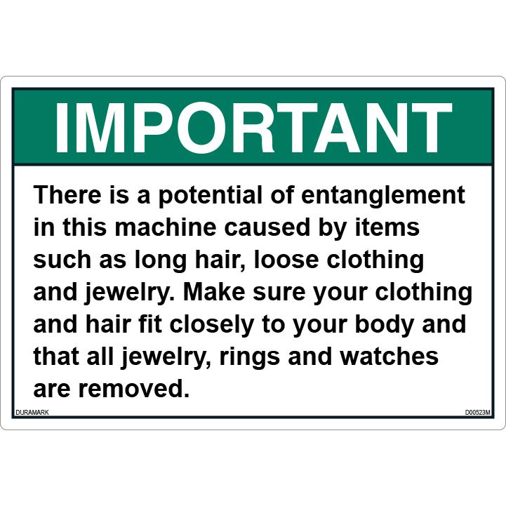 ANSI Safety Label - Important - Entanglement Hazard