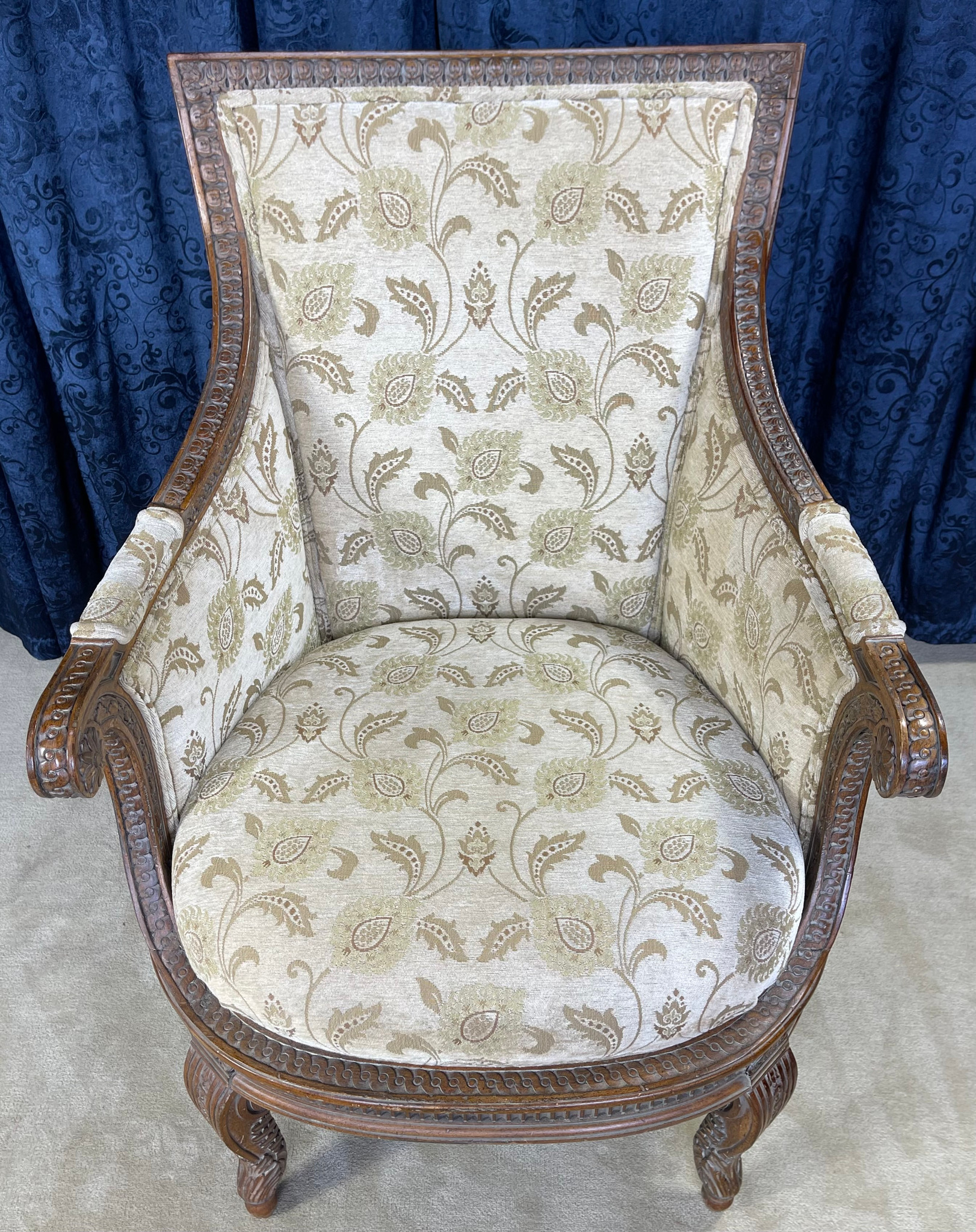 French Style Arm Chair with Green Organic Style Fabric