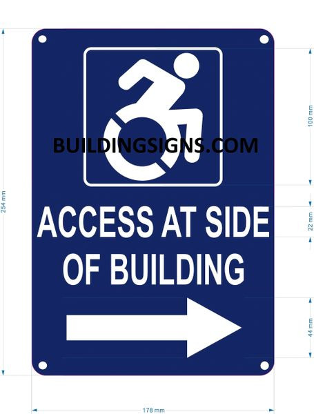 ACCESS AT RIGHT SIDE OF BUILDING SIGN- The Pour Tous Blue LINE
