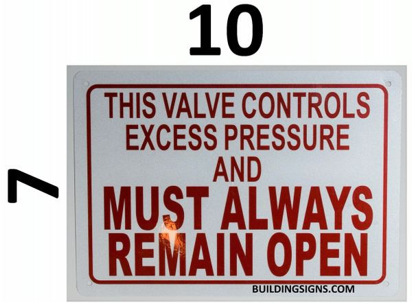 THIS VALVE CONTROLS EXCESS PRESSURE AND MUST ALWAYS REMAIN OPEN Sign
