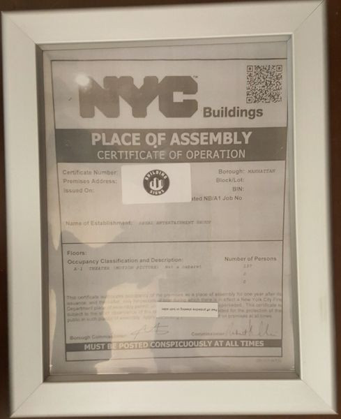 NYC PLACE OF ASSEMBLY CERTIFICATE OF OPERATION FRAME (CERTIFICATE FRAMES)