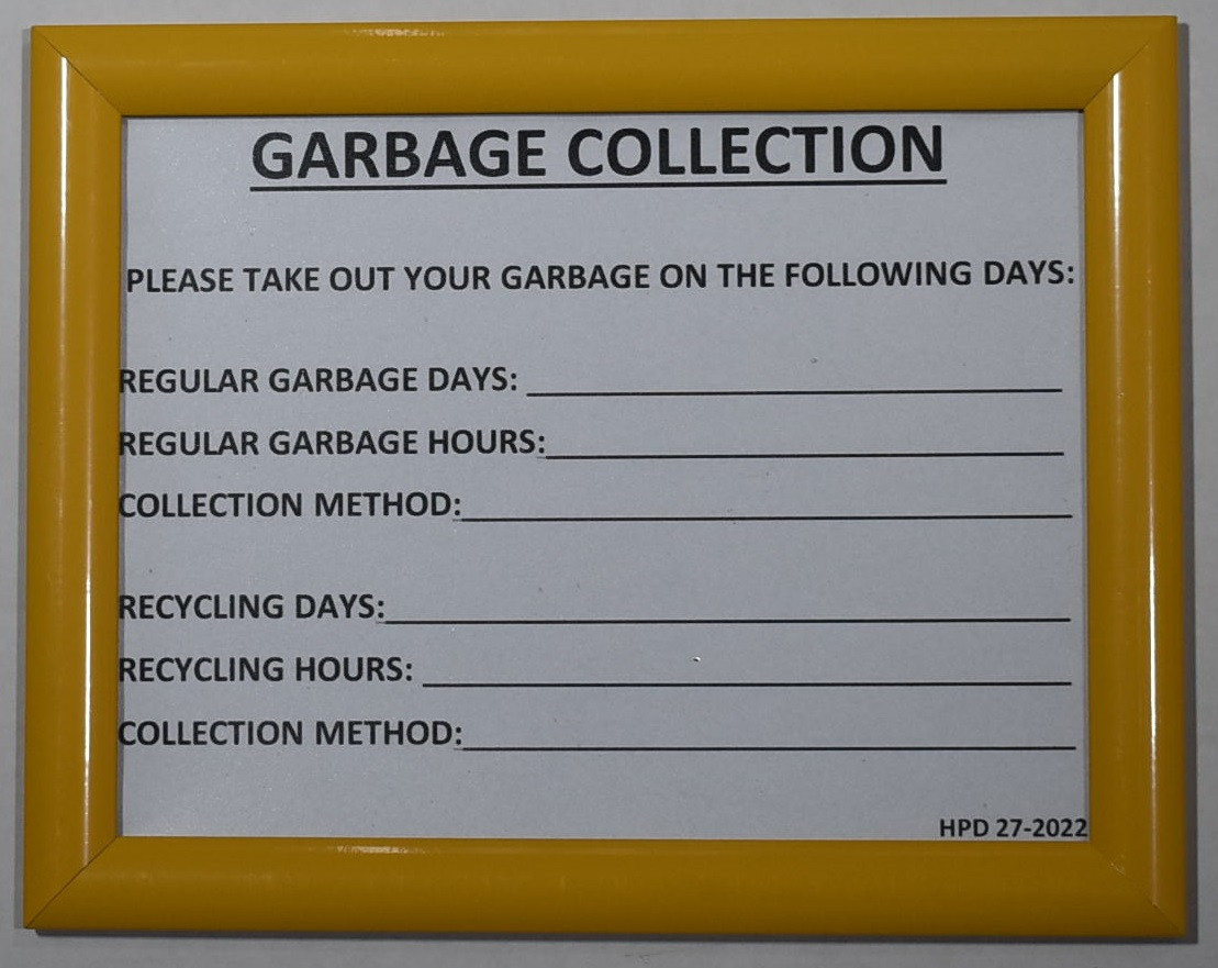 NYC HPD GARBAGE COLLECTION SIGN