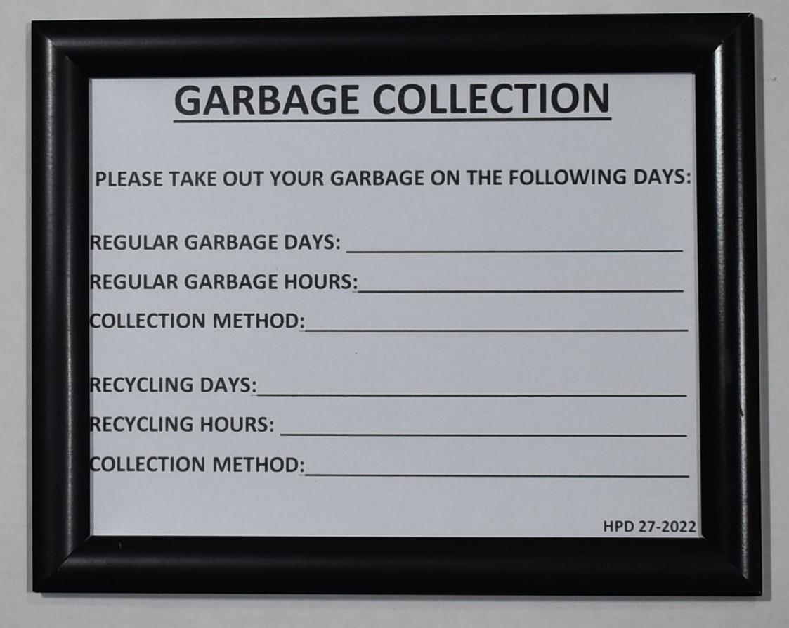 NYC HPD GARBAGE COLLECTION SIGN