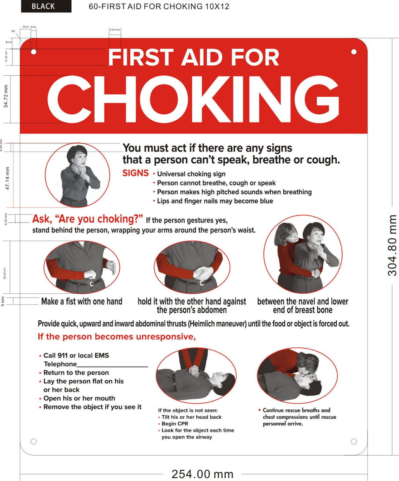 FIRST AID FOR CHOKING SIGN (10x12,White,Aluminum) - HPD-SIGNS.COM