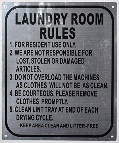 LAUNDRY ROOM RULES SIGN (10X12 WHITE BRUSH SILVER, ALUMINUM)