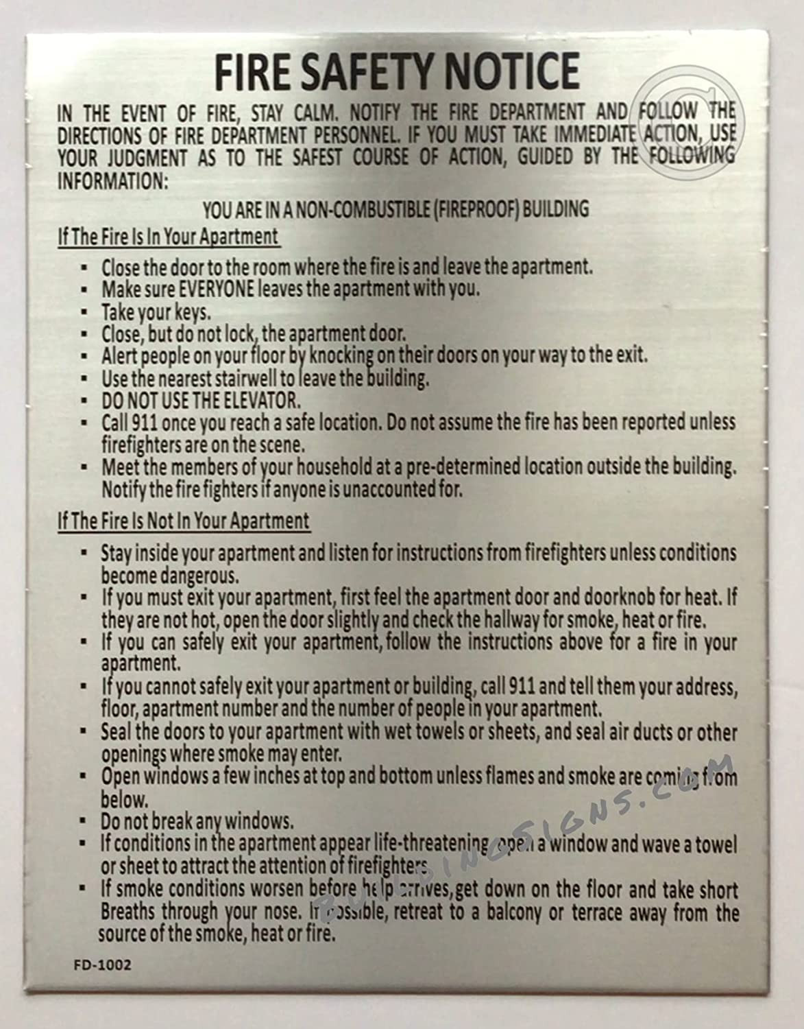 HPD NYC LOBBY -FIRE SAFETY NOTICE FIRE PROOF BUILDING SIGN (SILVER . 8 ...