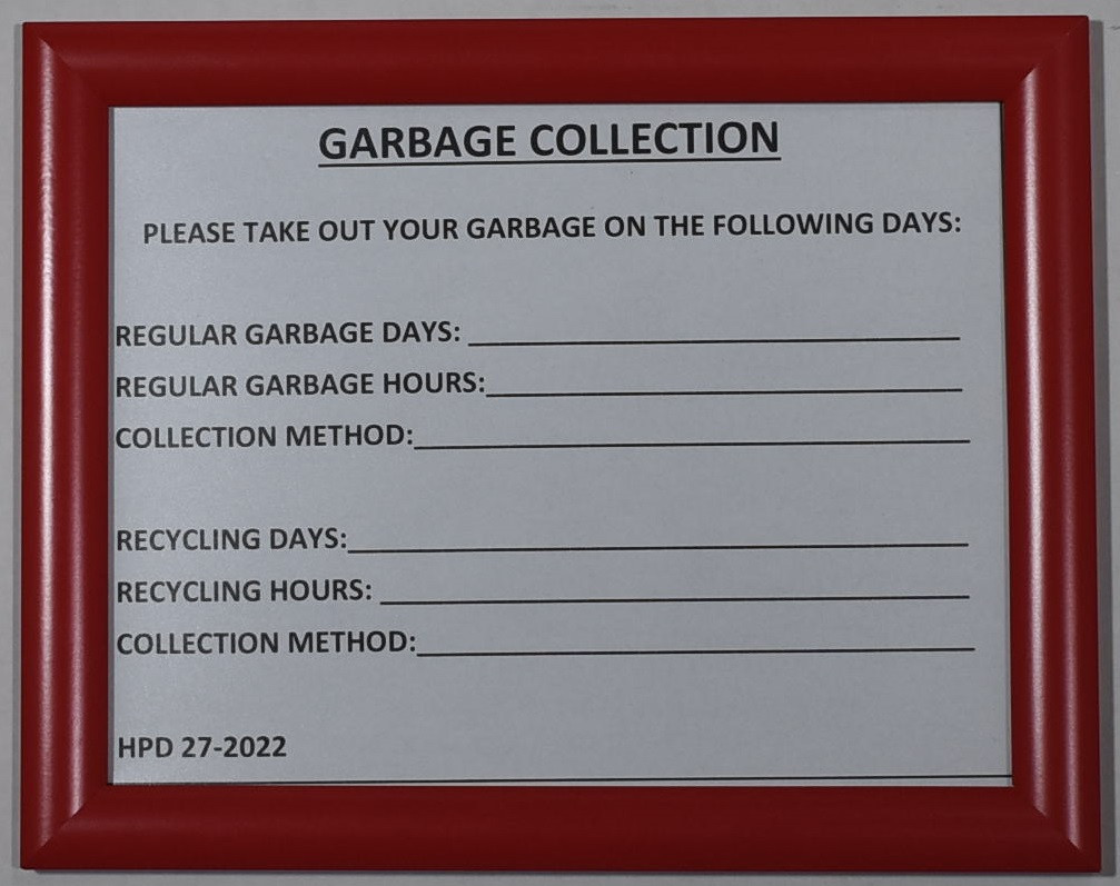 NYC HPD GARBAGE COLLECTION SIGN