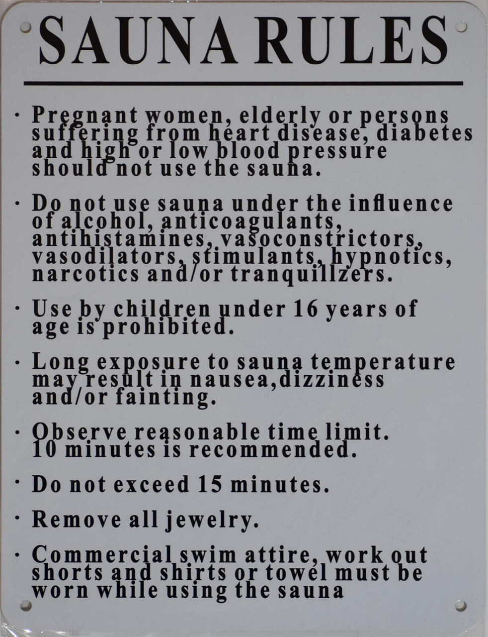 SAUNA RULES SIGN (8.5X11,WHITE BACKGROUND, Aluminum) - HPD-SIGNS.COM