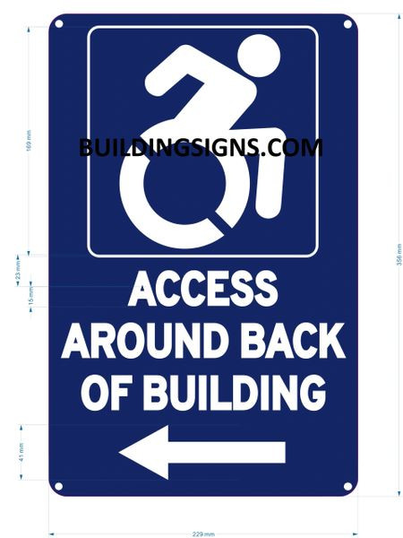 ACCESS AROUND BACK OF BUILDING SIGN- The Pour Tous Blue LINE