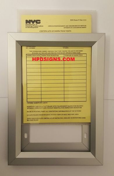 HPD Certificate of inspection visits frame 6 X 9