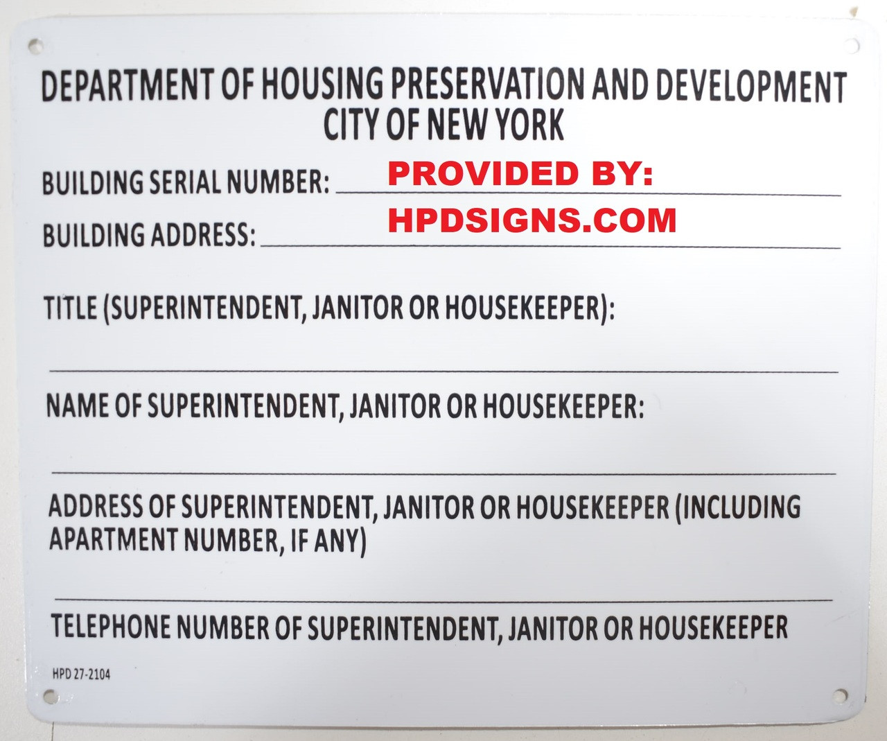 HPD Serial Number Signage HMC §27-2104
