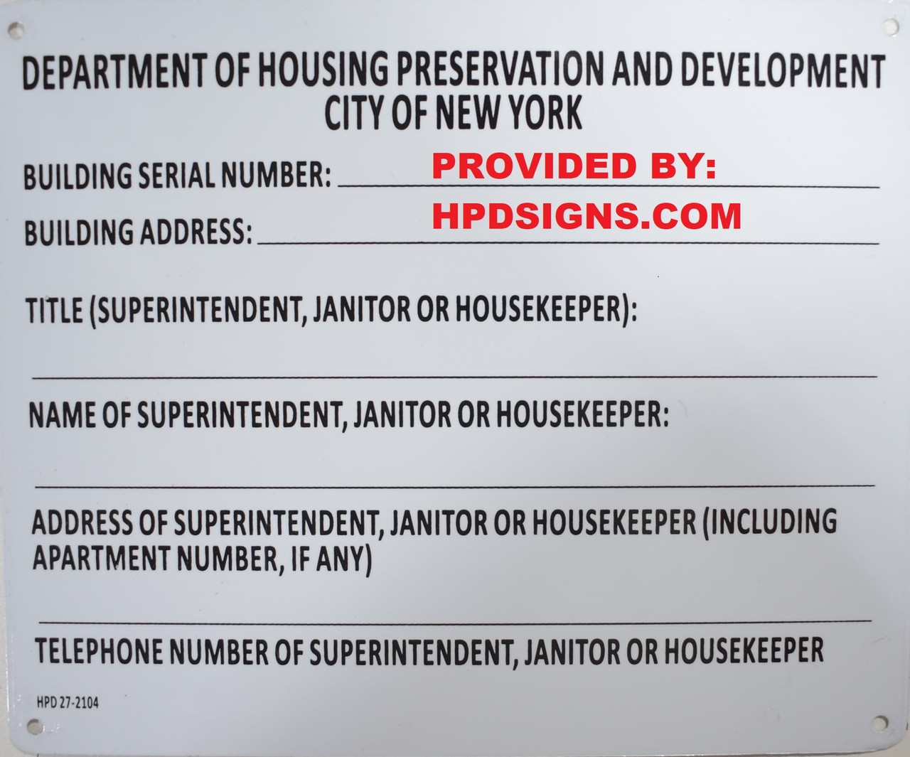 HPD Serial Number Signage HMC §27-2104