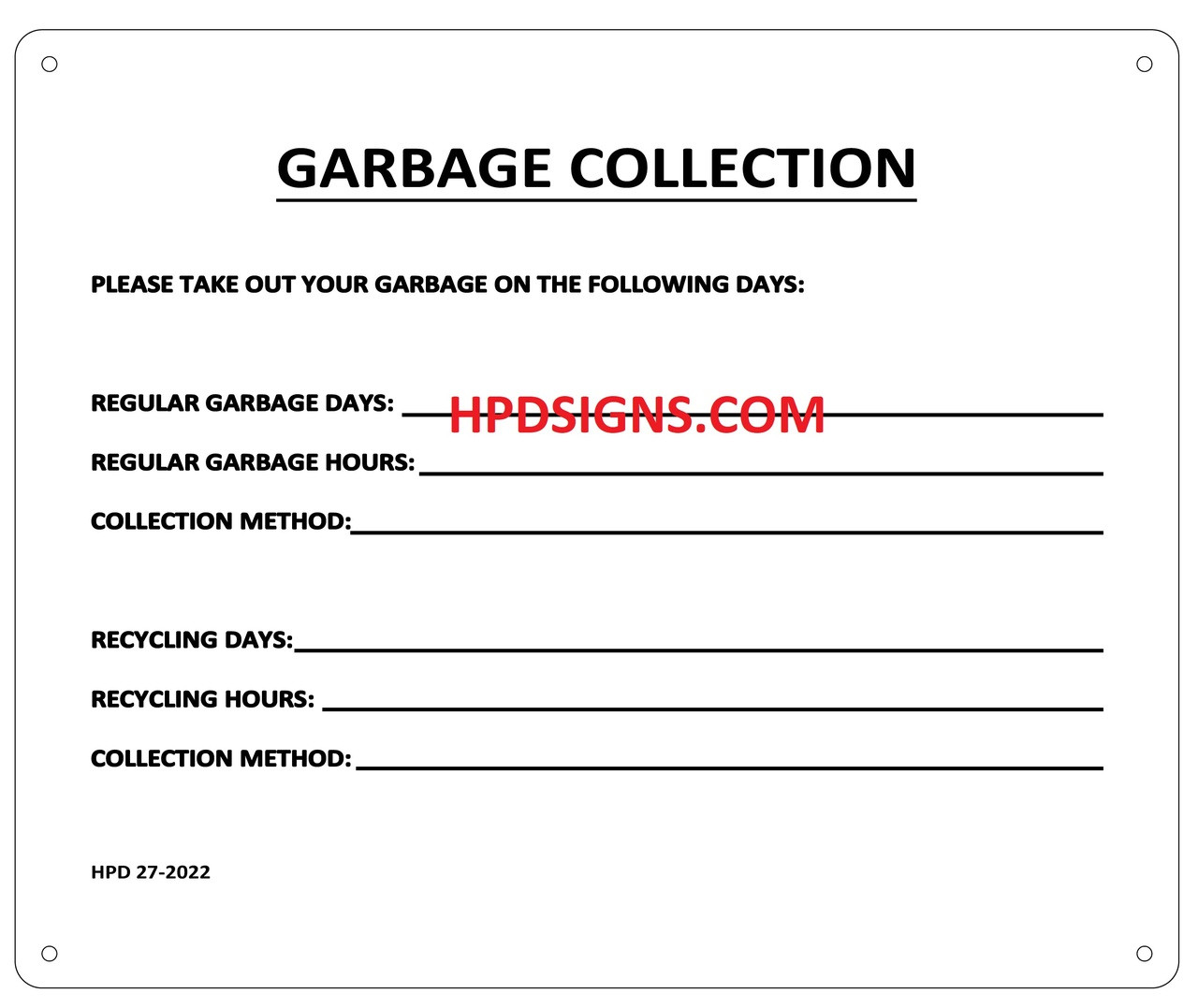 NYC HPD GARBAGE COLLECTION SIGN