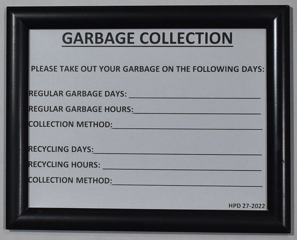 NYC HPD GARBAGE COLLECTION SIGN