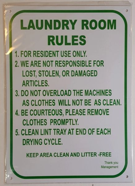 LAUNDRY ROOM RULES SIGN WHITE ALUMINUM