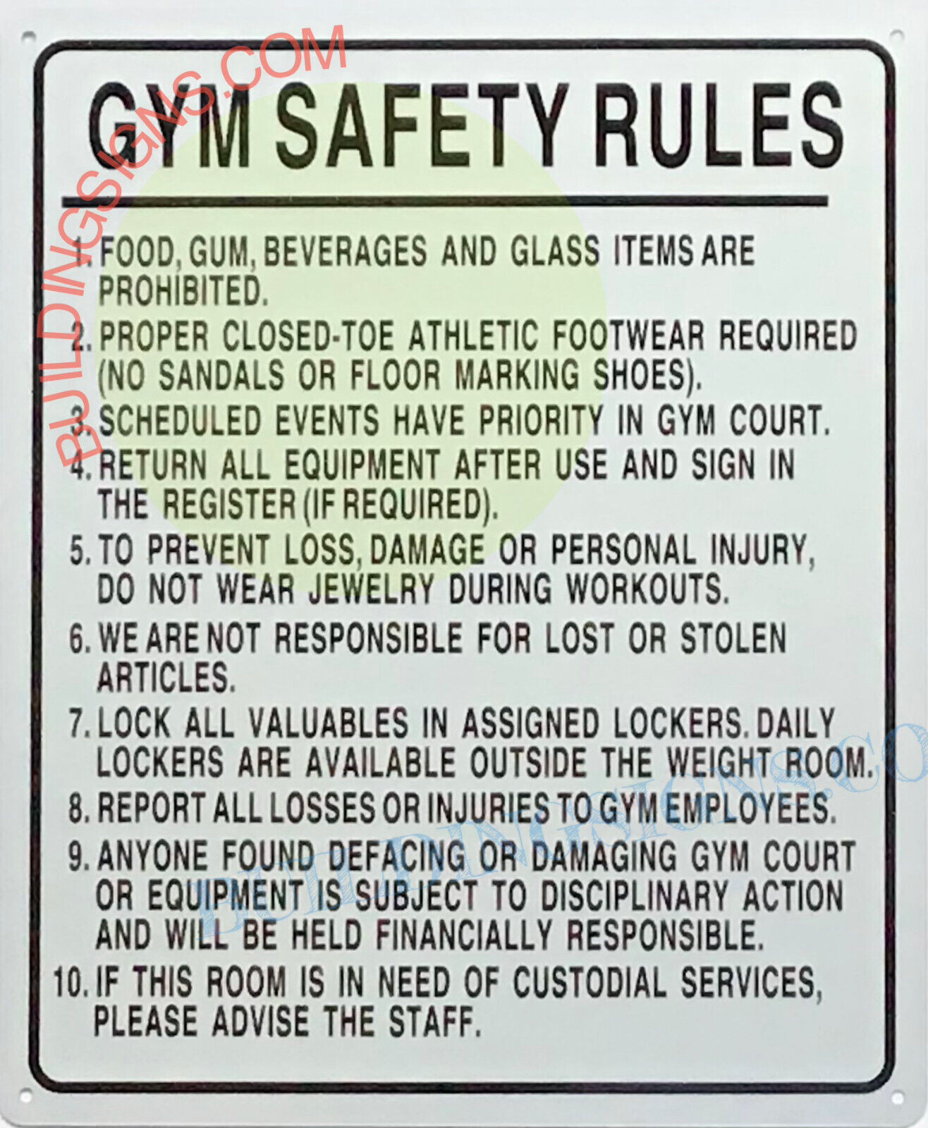 GYM SAFETY RULES SIGN((10x12,WHITE,ALUMINUM) - HPD-SIGNS.COM