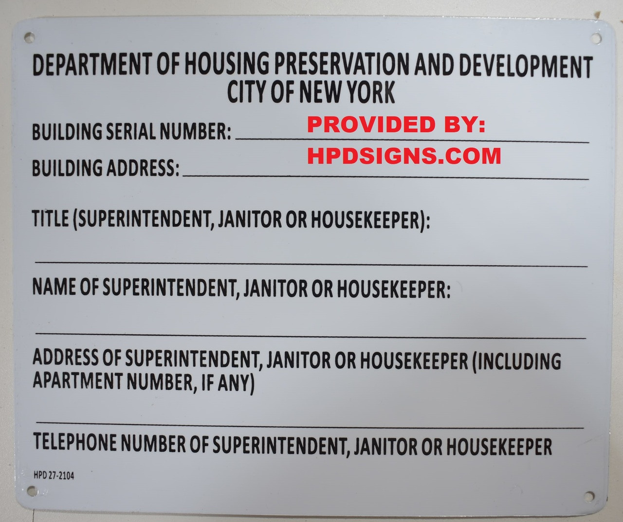 HPD Serial Number Signage HMC §27-2104