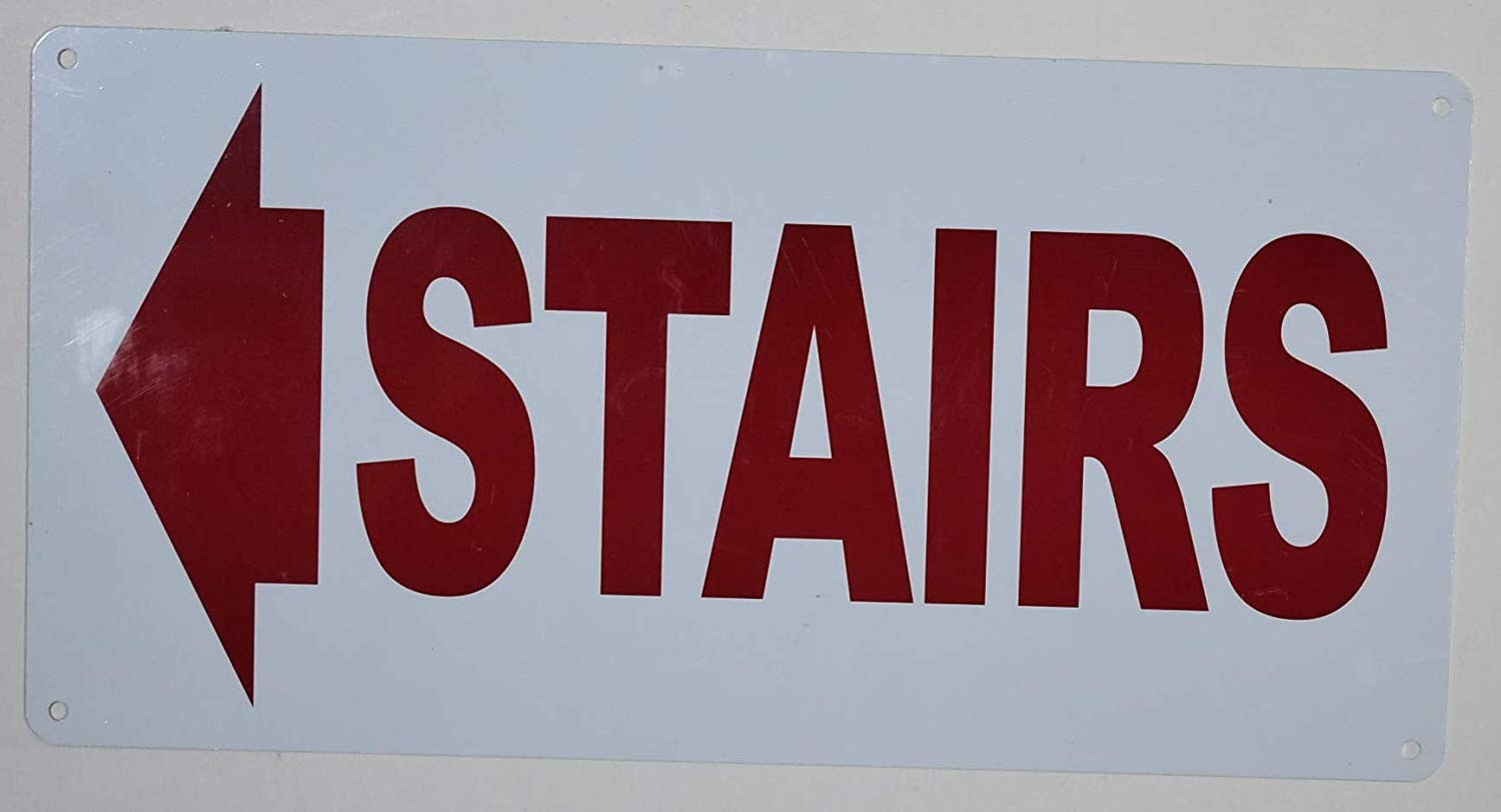 Stairs (Arrow Left) Sign (White Background,Aluminium, )