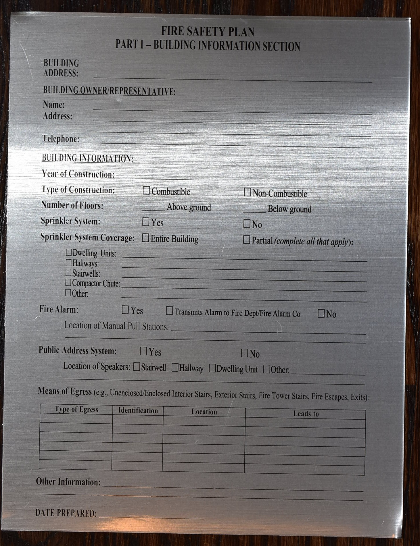 FIRE SAFETY PLAN FRAME - GOLD (STANDARD - ALUMINUM 8.5x11)