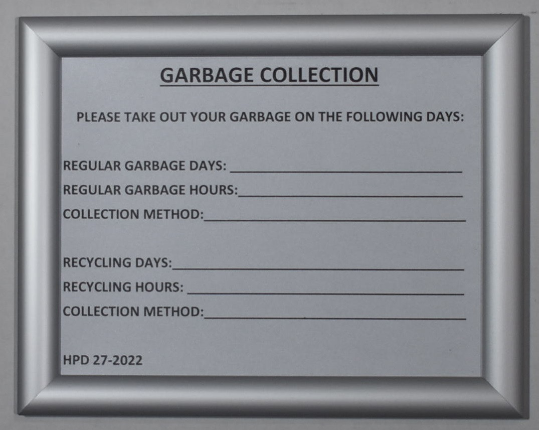 NYC HPD GARBAGE COLLECTION SIGN