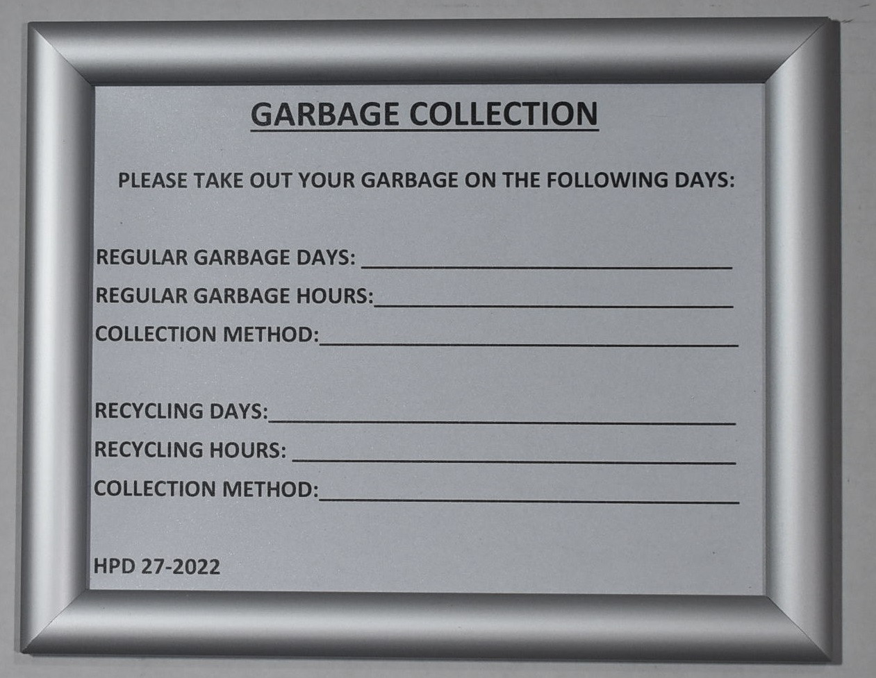 NYC HPD GARBAGE COLLECTION SIGN