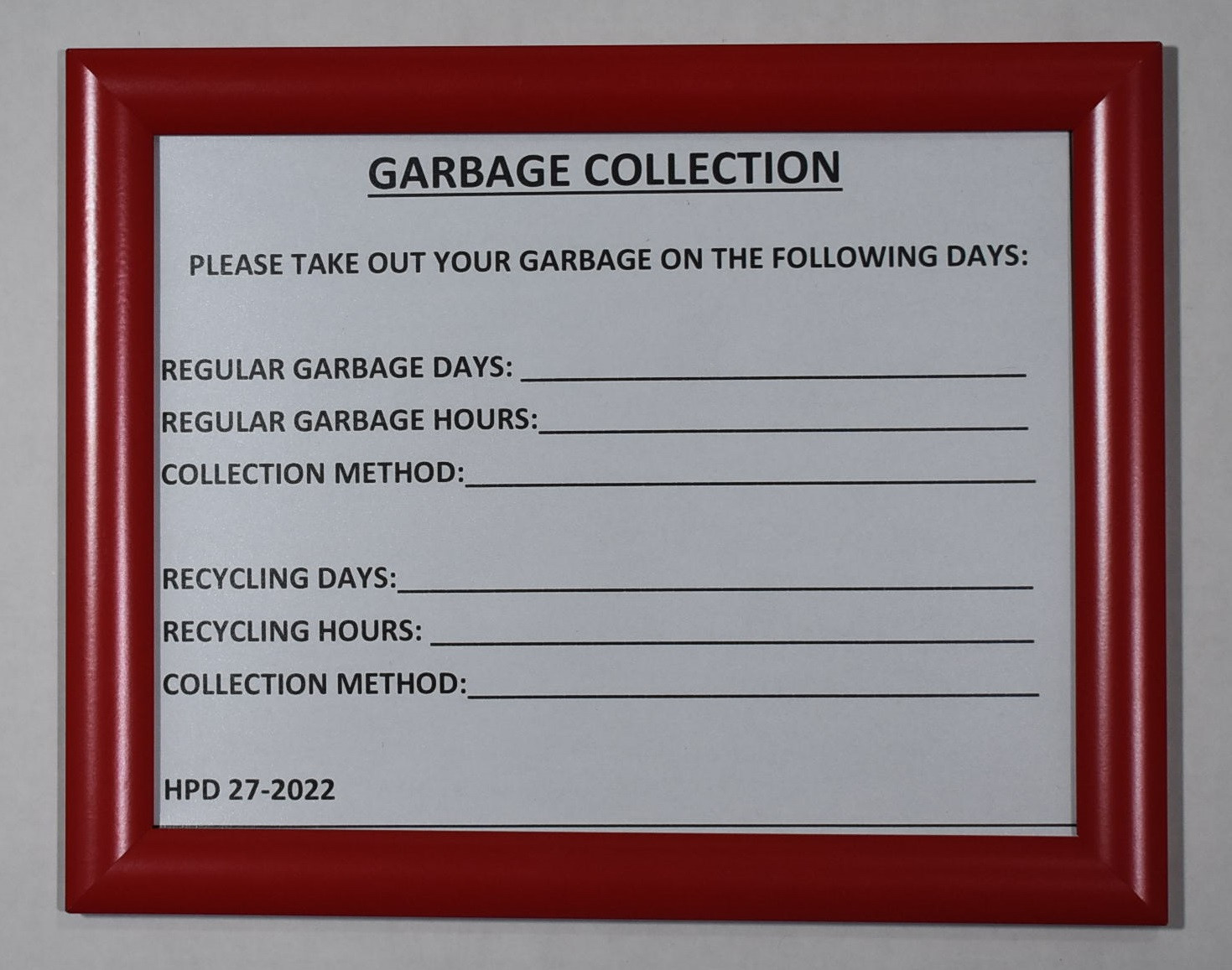 NYC HPD GARBAGE COLLECTION SIGN