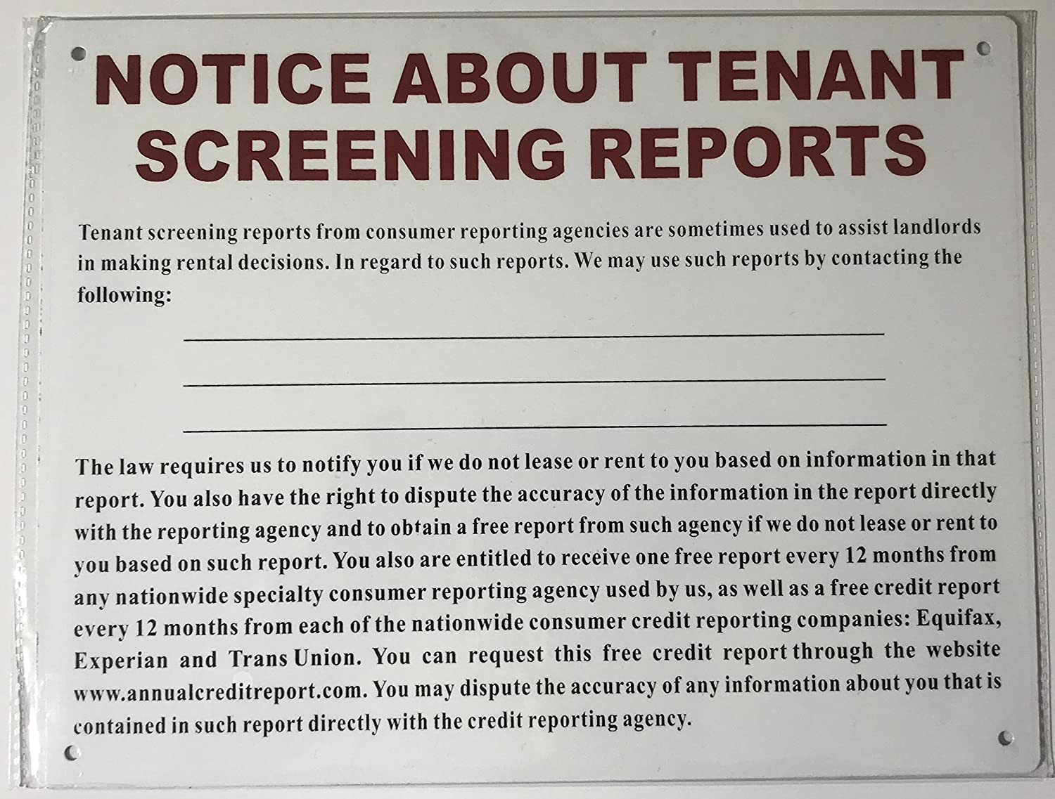 Notice About Tenant SCREENING Reports Sign