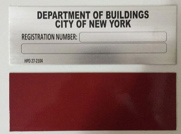 `-HPD BUILDING REGISTRATION NUMBER (§27-2104,BRUSHED ALUMINUM SIGN ...