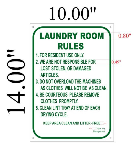 LAUNDRY ROOM RULES SIGN WHITE ALUMINUM
