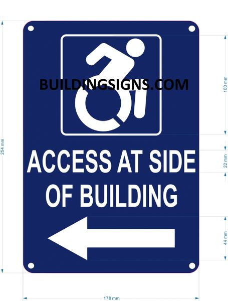 ACCESS AT LEFT SIDE OF BUILDING SIGN- The Pour Tous Blue LINE
