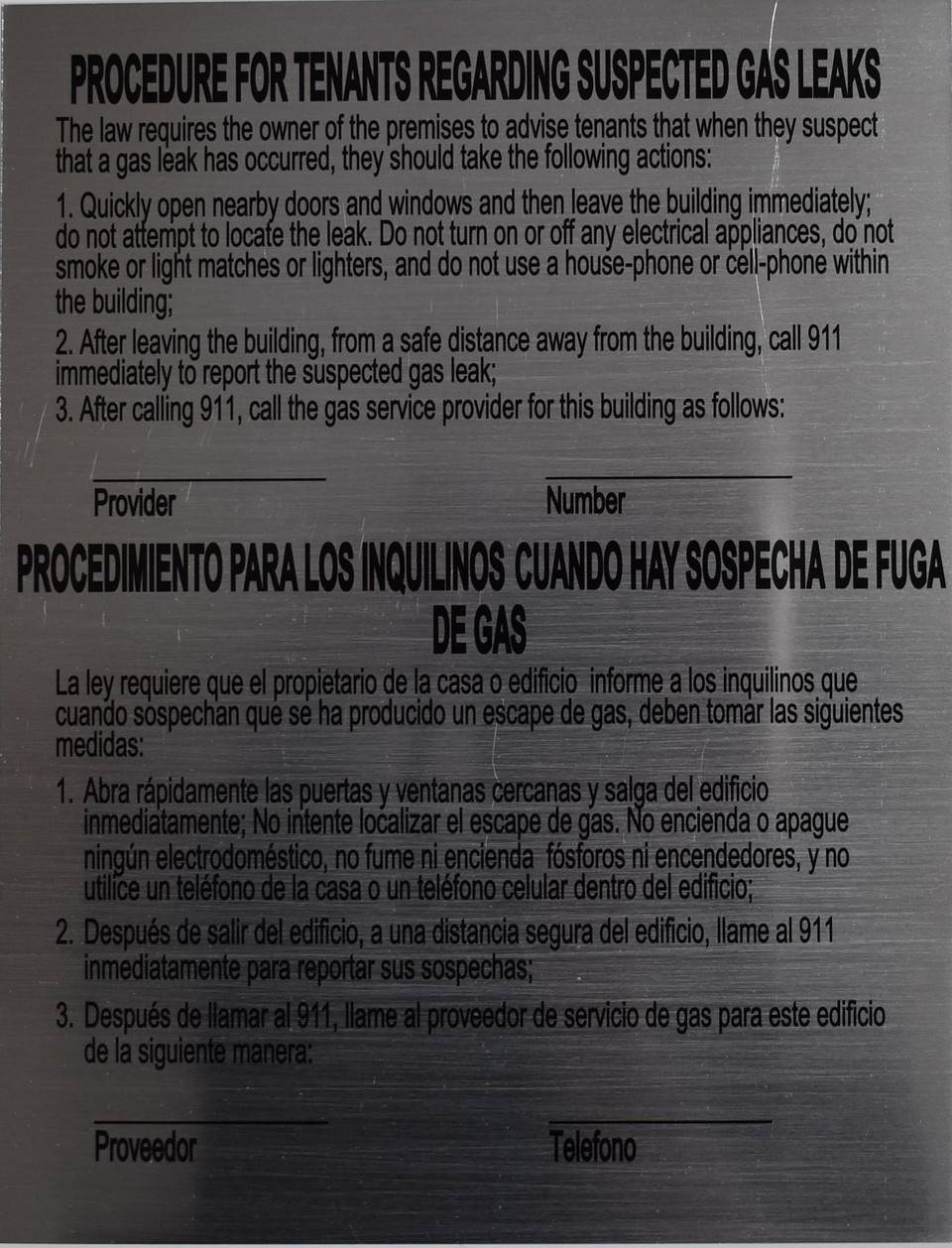 HPD GAS LEAK NOTICE SIGN