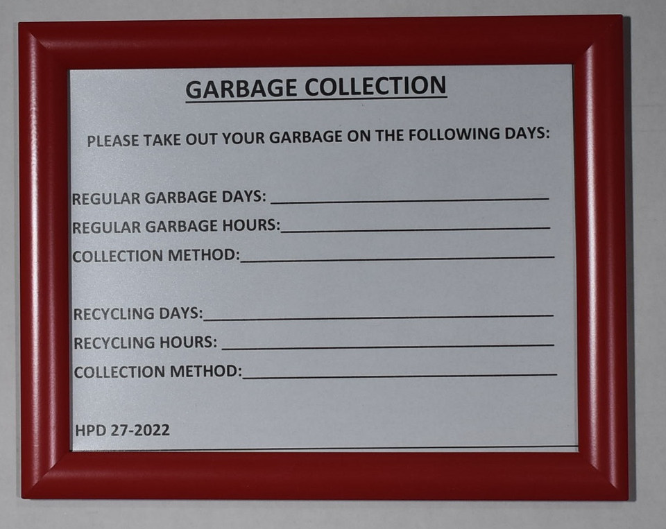 NYC HPD GARBAGE COLLECTION SIGN