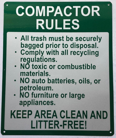 COMPACTOR RULES SIGN (REFLECTIVE, WHITE, ALUMINIUM MATERIAL,12X10 INCH ...