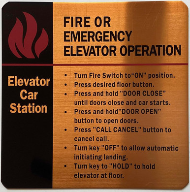 FIRE OR EMERGENCY ELEVATOR OPERATION SIGN (GOLD, SIZE 6X6 INCH, DOUBLE ...