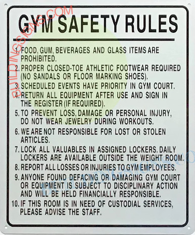 Gym Safety Rules Sign (White, Reflective, Aluminum 10x12) - HPD-SIGNS.COM