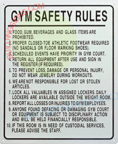 GYM SAFETY RULES SIGN((10x12,WHITE,ALUMINUM) - HPD-SIGNS.COM