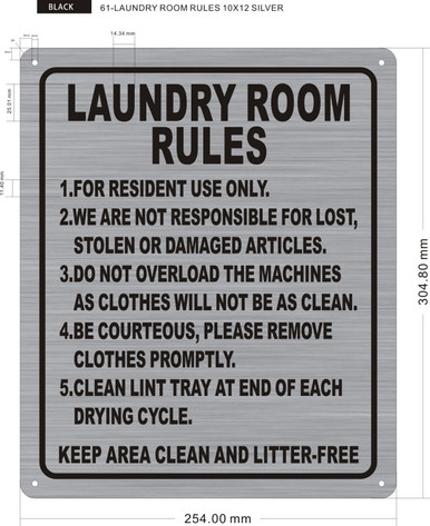LAUNDRY ROOM RULES SIGN (10X12, SILVER, Aluminum)