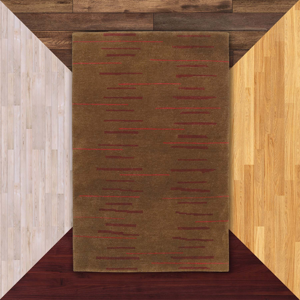 Mid-Century Modern Wool Rug | Walnut & Crimson Abstract Design