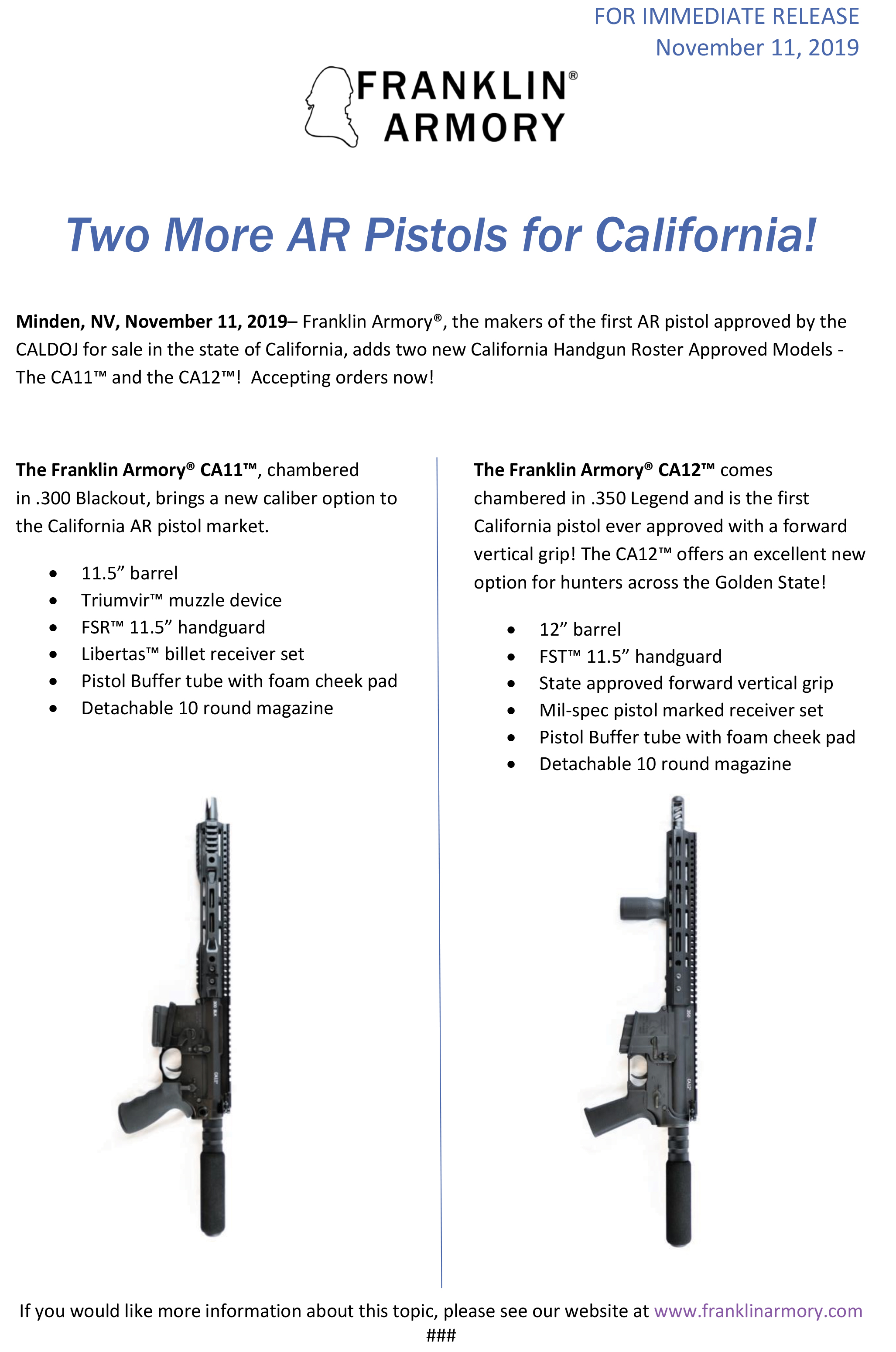 CA11™ and CA12™ Press Release - Franklin Armory®