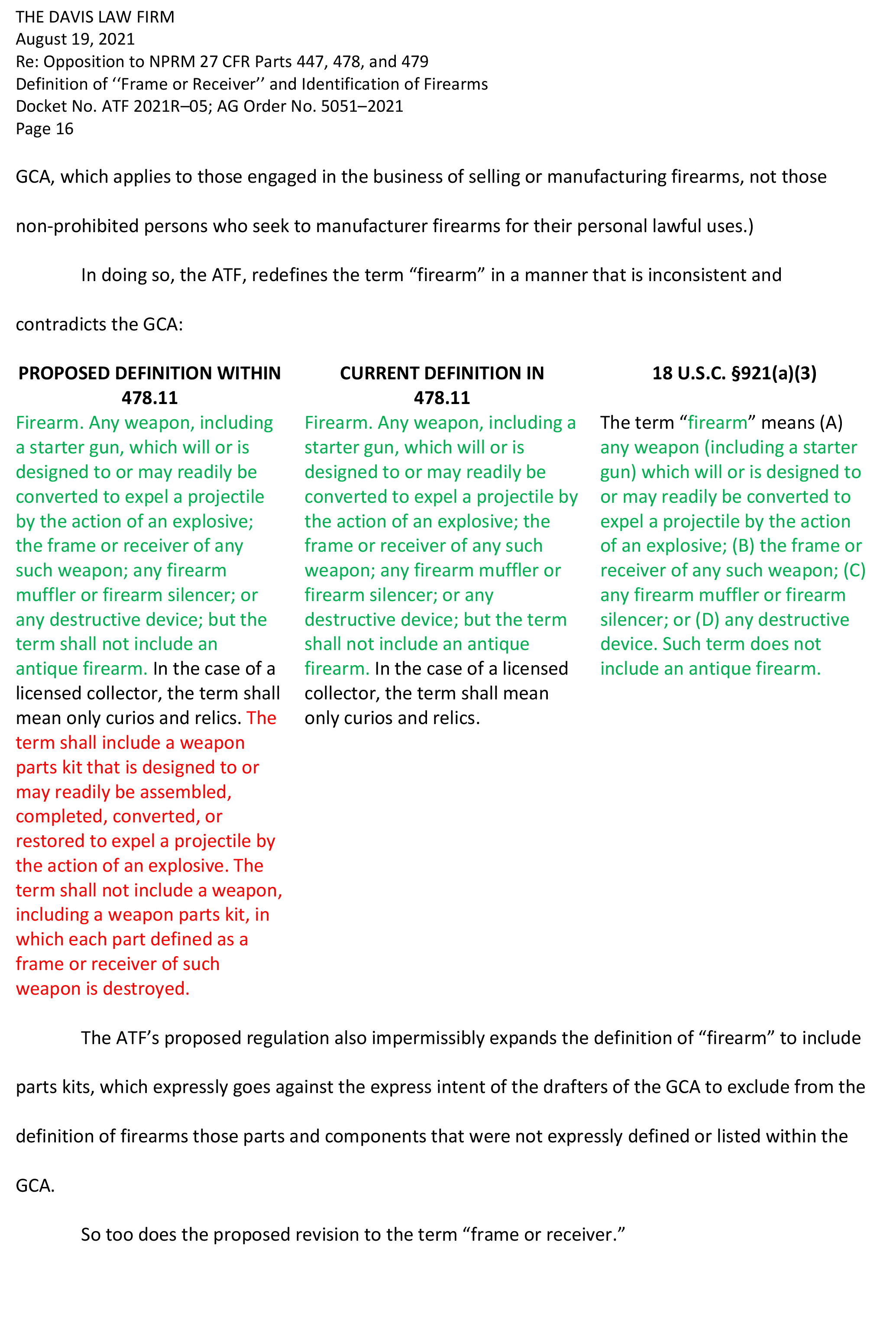 Opposition to NPRM 27 CFR Parts 447, 478, and 479 Definition of ‘‘Frame ...
