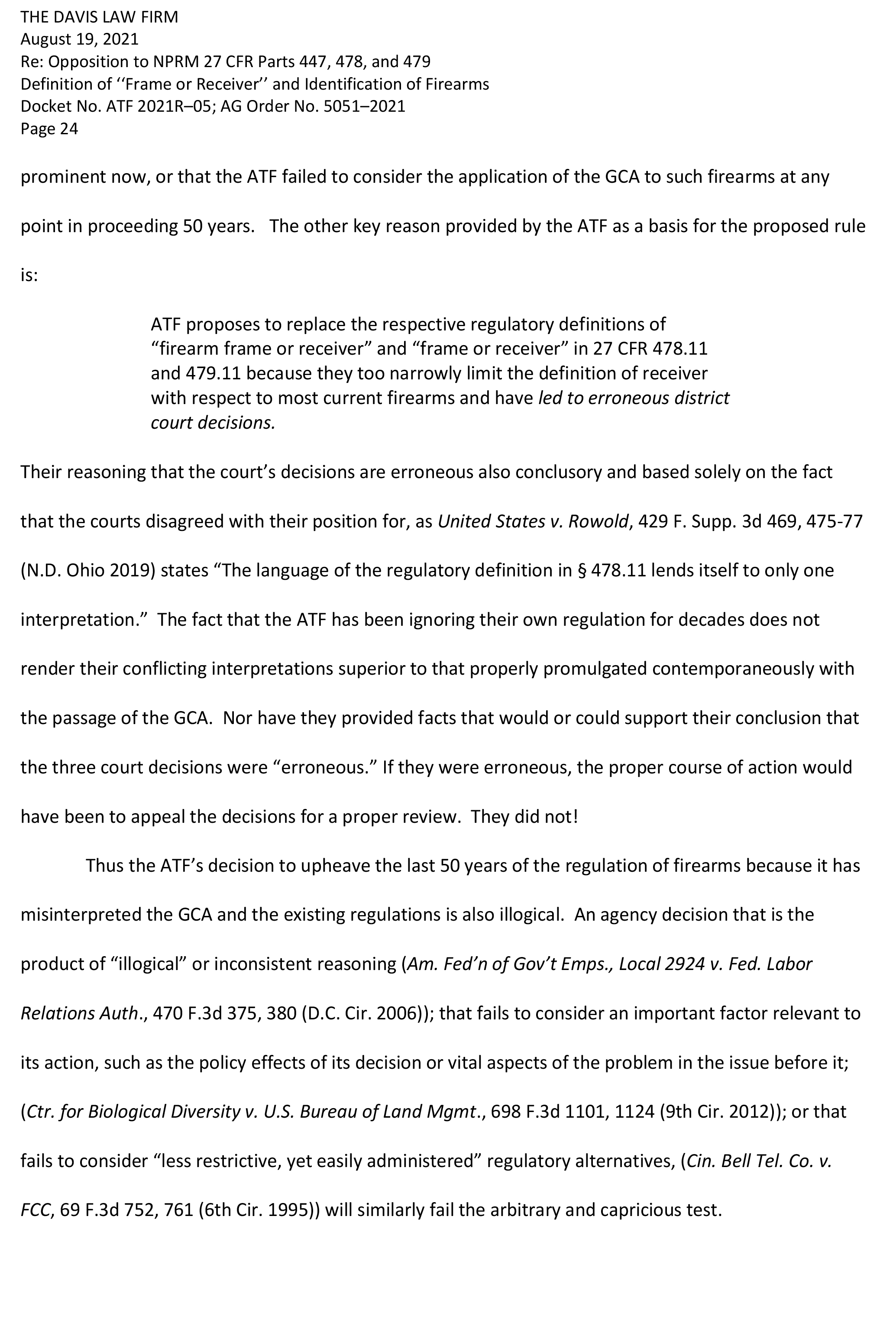 Opposition to NPRM 27 CFR Parts 447, 478, and 479 Definition of ‘‘Frame ...