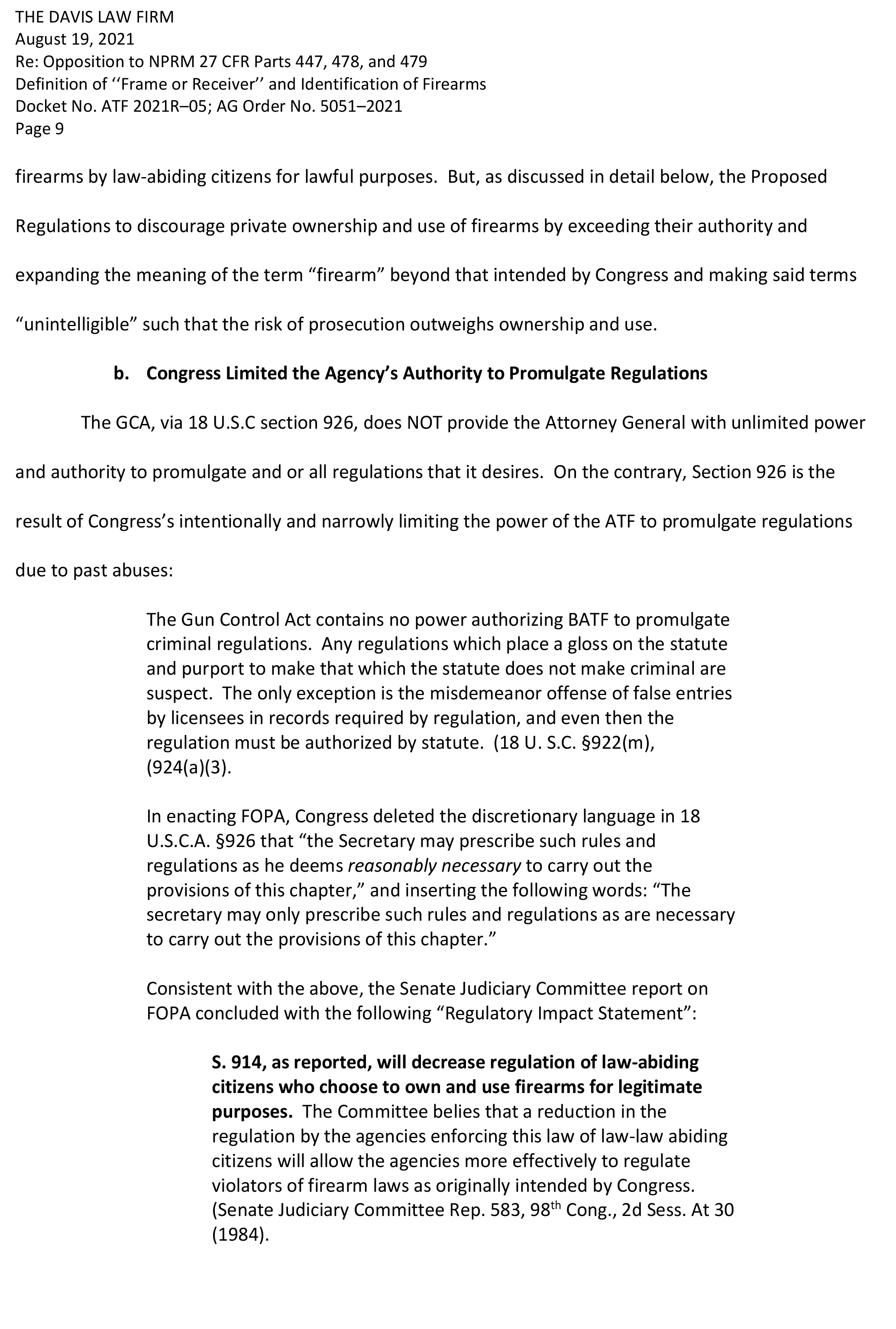 Opposition to NPRM 27 CFR Parts 447, 478, and 479 Definition of ‘‘Frame ...