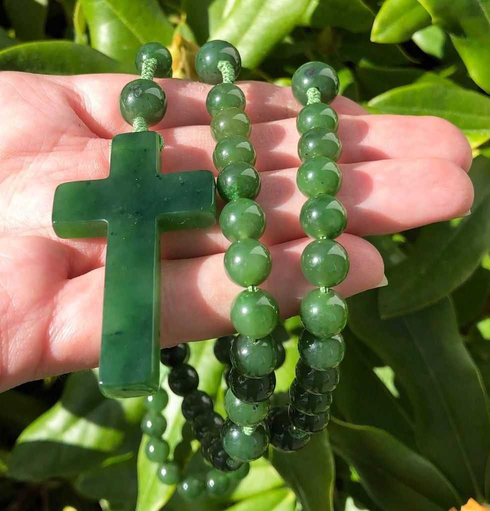 Genuine Nephrite Jade Rosary Beads with Cross
