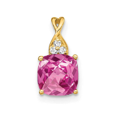 10K Yellow Gold Checkerboard Created Pink Sapphire and Diamond Pendant ...