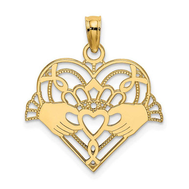 10K Yellow Gold Polished and Beaded Claddagh In Heart Pendant at ...