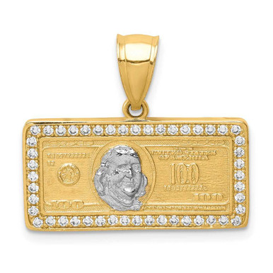 10k Yellow Gold with Rhodium-Plating CZ Micropave 100 Dollar Bill ...
