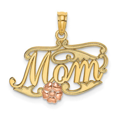 14k Two-tone Gold Mom Script w/ Flower Pendant at BillyTheTree Jewelry