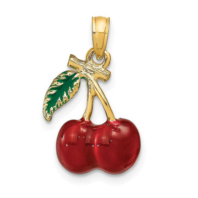 14K Yellow Gold 3-D Enamel Cherries w/ Stem & Leaf Pendant at ...