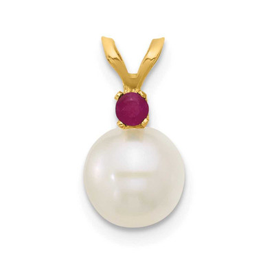 14K Yellow Gold 7-7.5mm White Round Freshwater Cultured Pearl Ruby ...