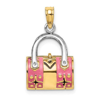 14K Yellow Gold and Rhodium 3-D Pink Enameled Handbag Moveable Pendant ...